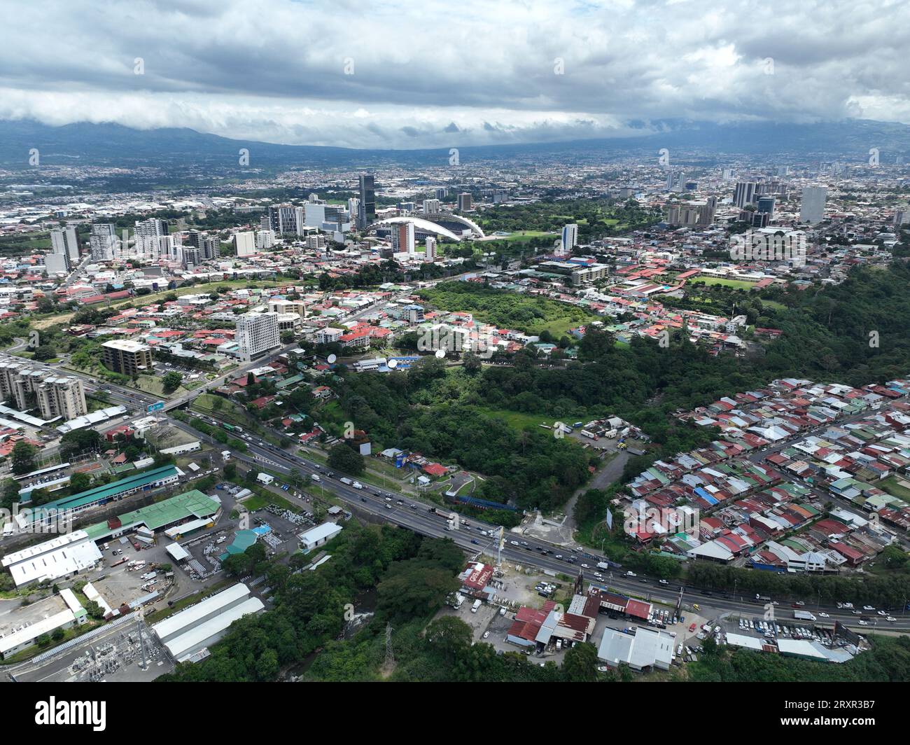 Aerial view of La Sabana Park, Costa Rica National Stadium and San Jose ...