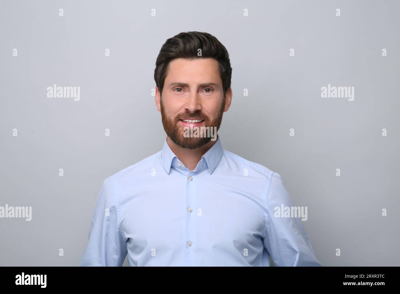Portrait of handsome man on light grey background Stock Photo - Alamy