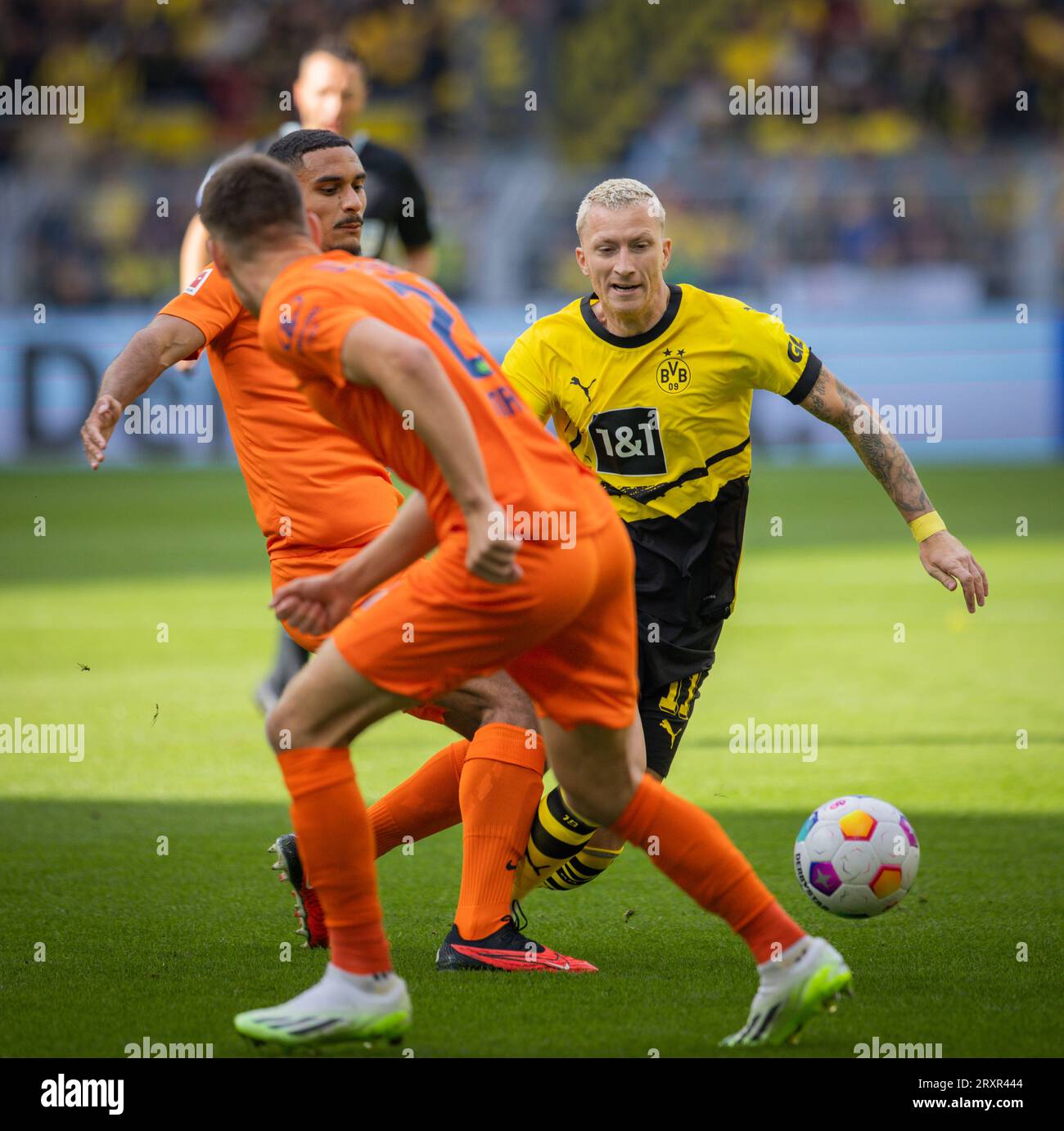 Dortmund, Germany. 23rd Sep 2023. Marco Reus (BVB), Maxence Lacroix ...