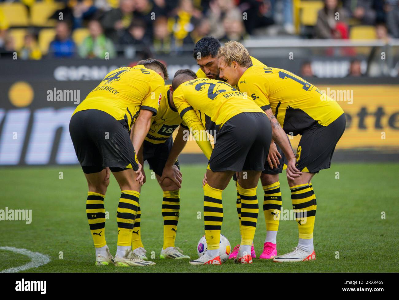 Dortmund, Germany. 23rd Sep 2023. Nico Schlotterbeck (BVB), Salih Özcan (BVB), Donyell Malen ...