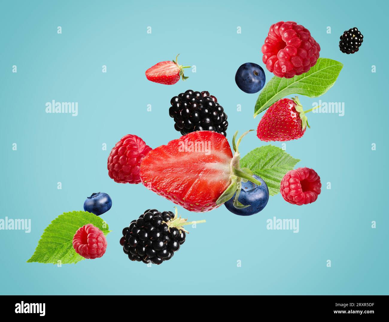 Many different fresh berries falling on light blue background Stock ...