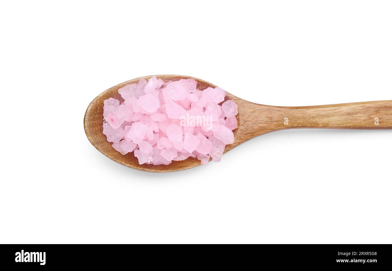 Wooden spoon with pink sea salt isolated on white, top view Stock Photo ...
