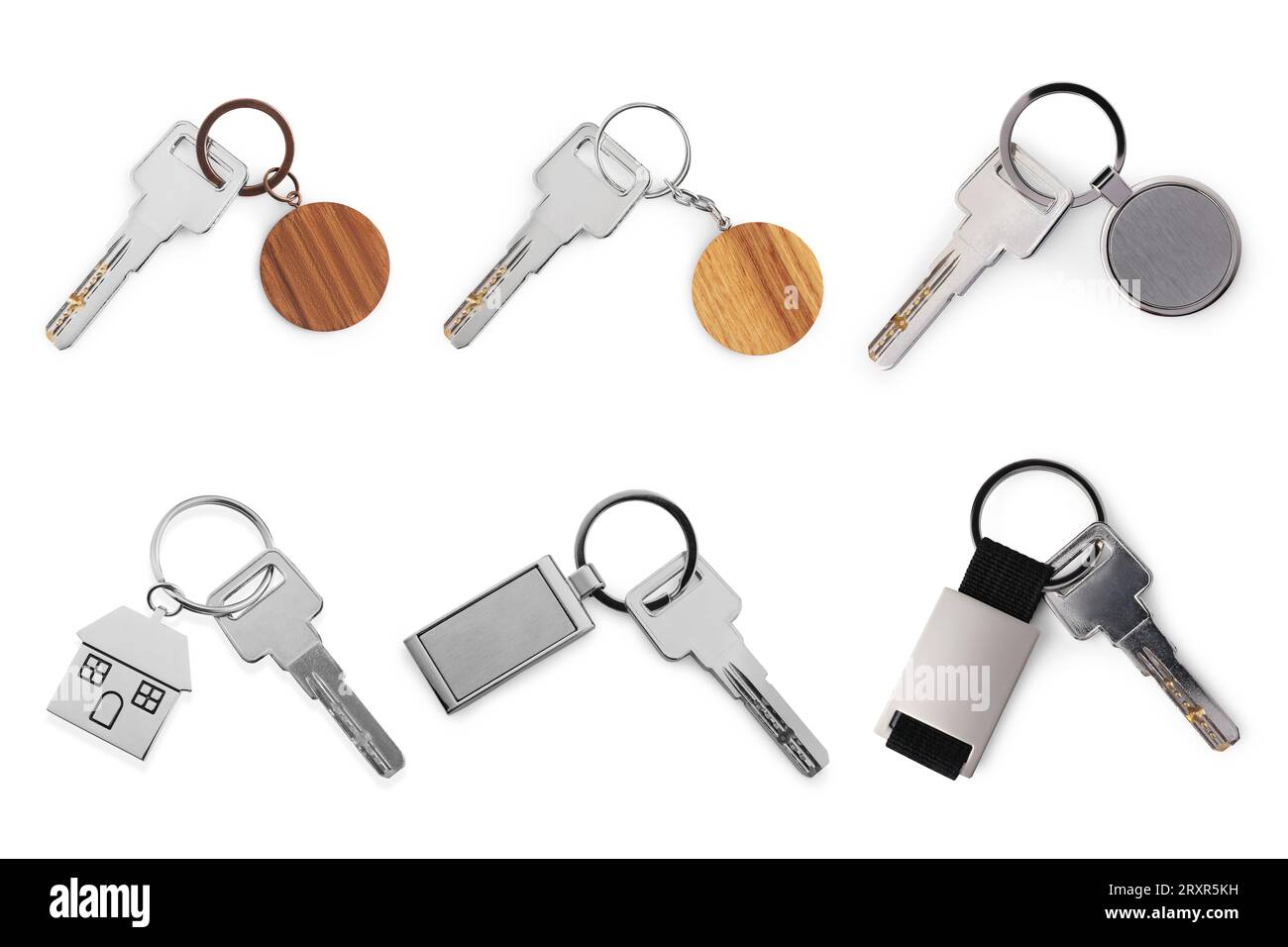 Set of keys with key chains isolated on white Stock Photo - Alamy