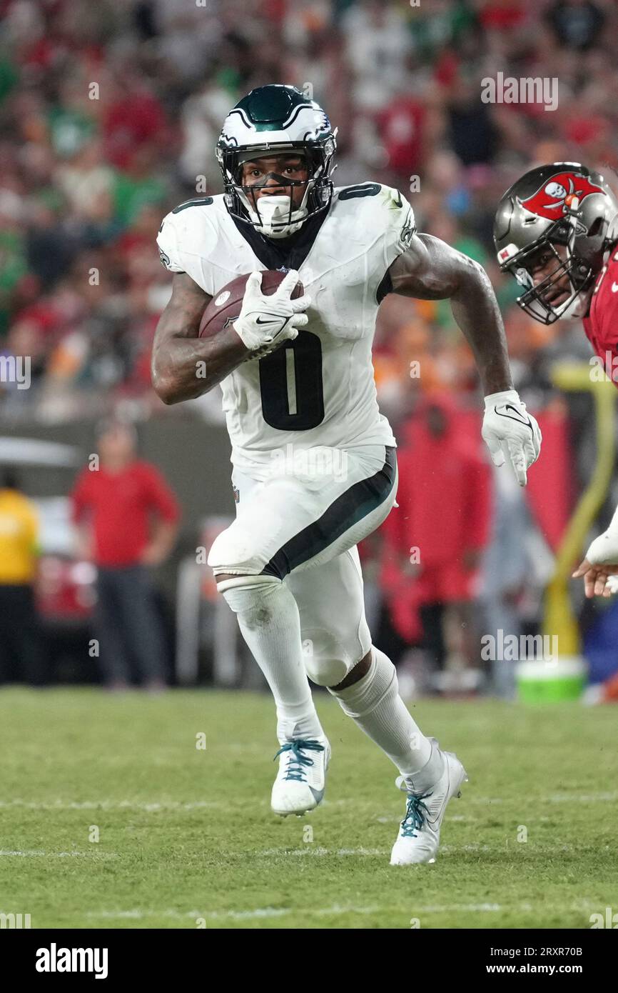 Philadelphia Eagles running back D'Andre Swift (0) rushes with the ball ...