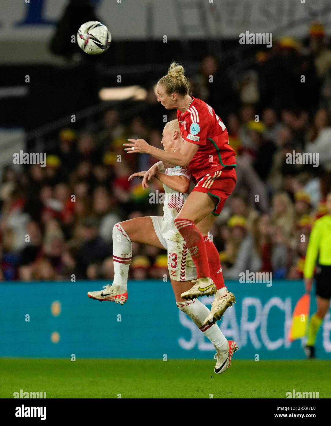 Cardiff,UK, 26 Sep 2023 Rhiannon Roberts (Wales) (R) clears ball during ...