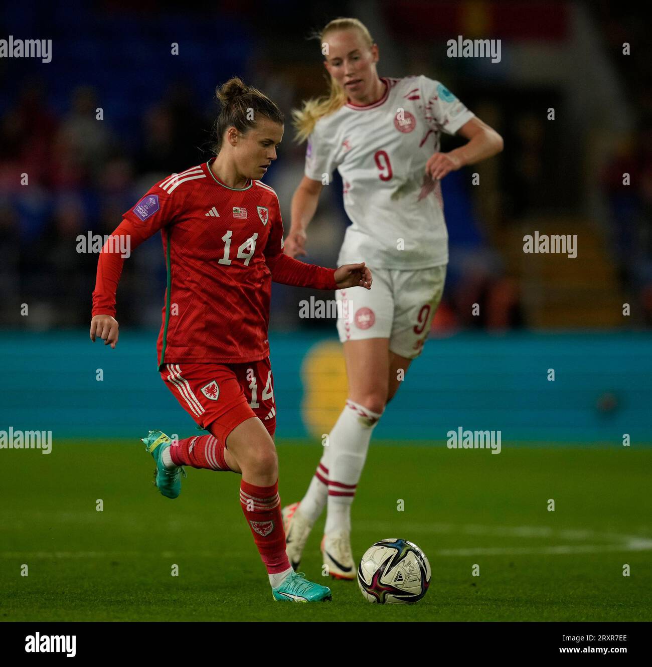 Cardiff,UK, 26 Sep 2023 Hayley Ladd (Wales) (L) drives past Amalie ...