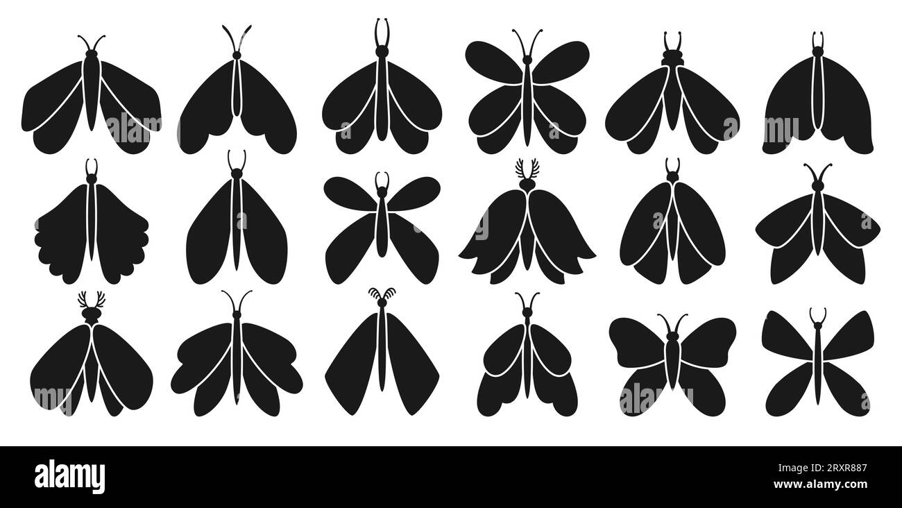Butterfly or moth simple symbol silhouette set. Retro boho insects with ...