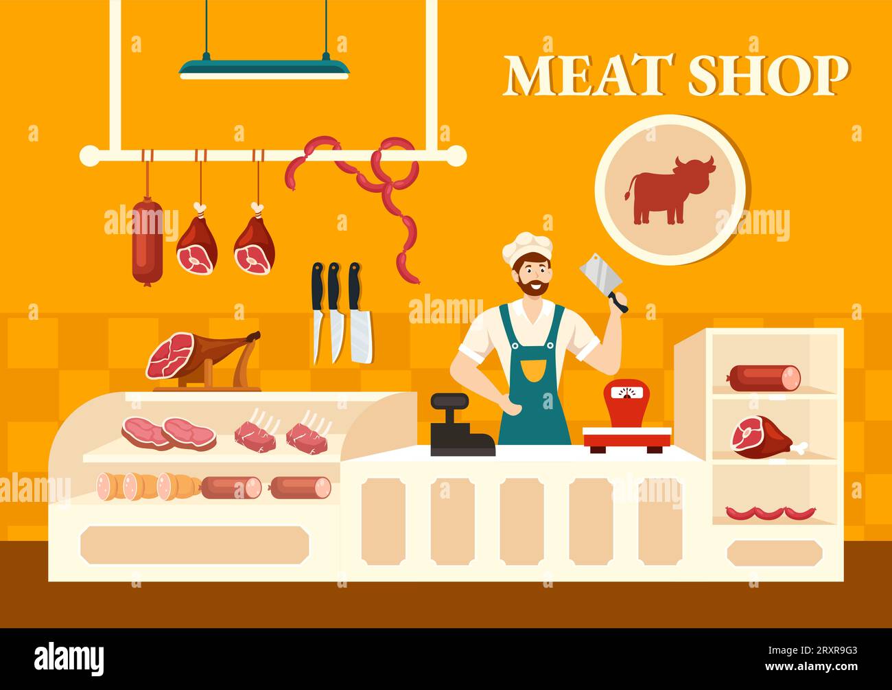 Meat Shop or market Vector Illustration with Various Fresh Meats ...