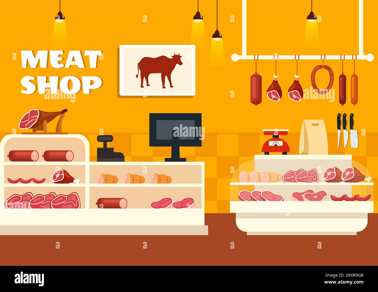 Meat Shop or market Vector Illustration with Various Fresh Meats ...