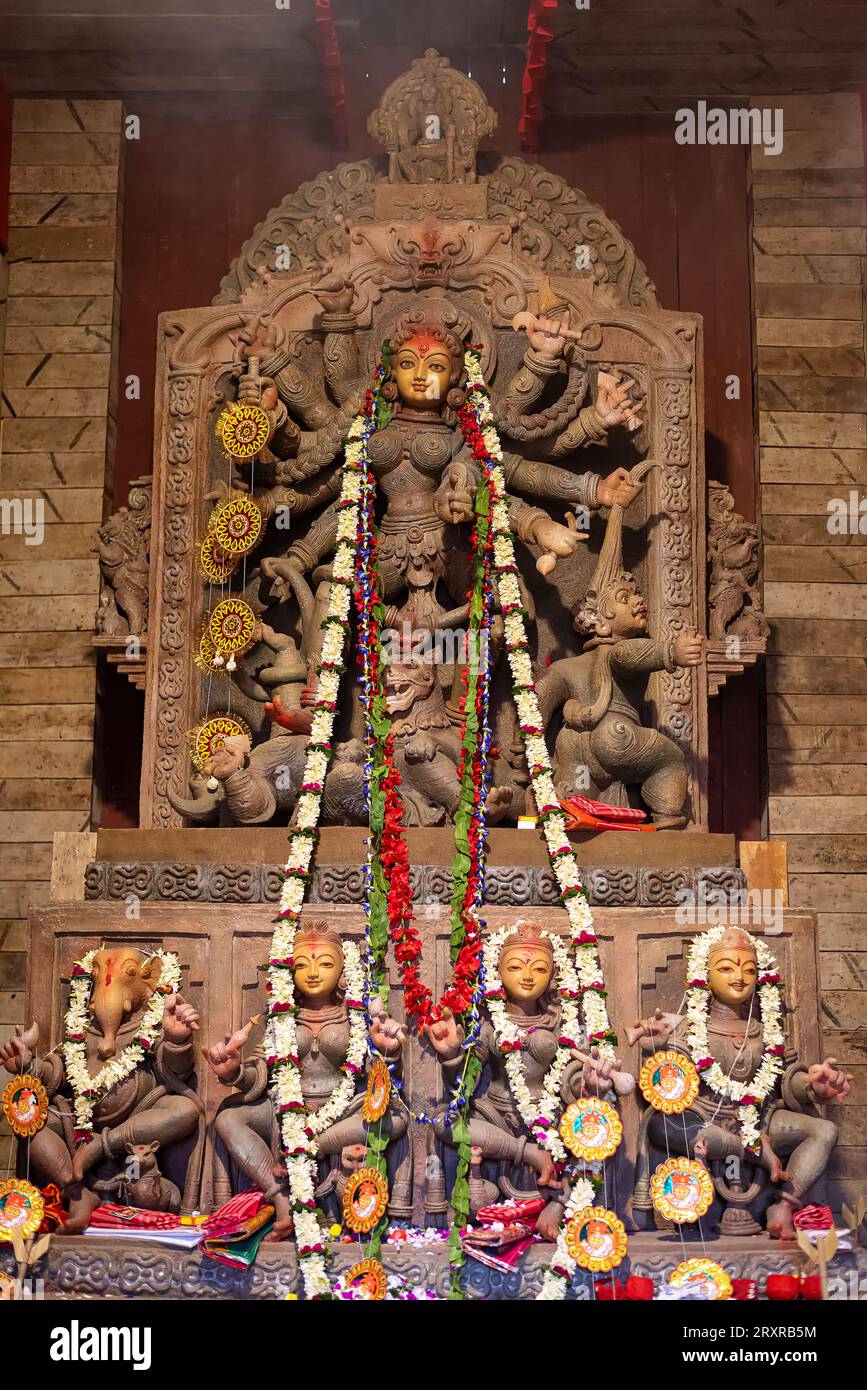 Idol of Goddess Devi Durga at a decorated puja pandal in Kolkata, West ...
