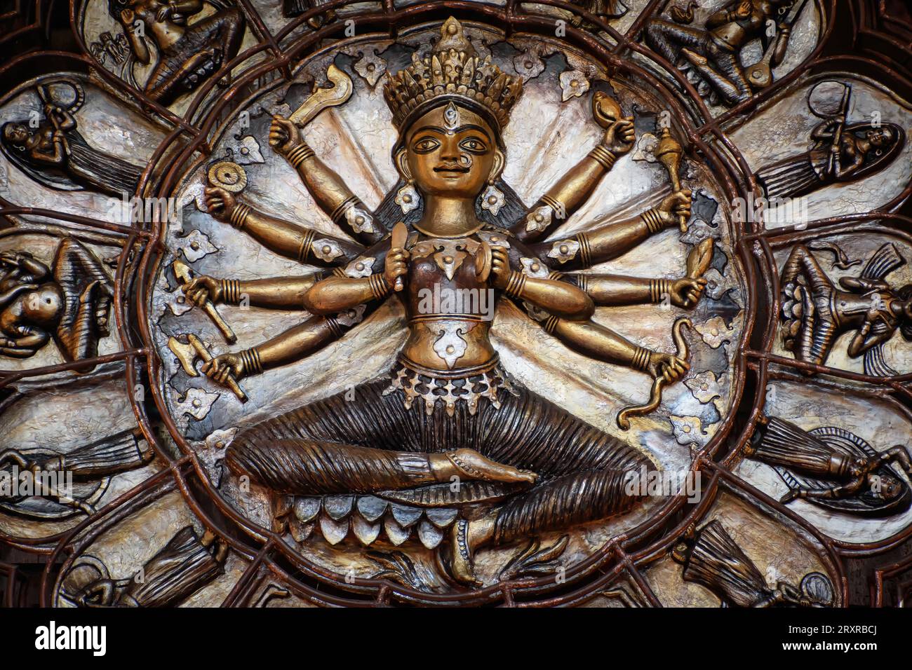 Idol of Goddess Devi Durga at a decorated puja pandal in Kolkata, West ...