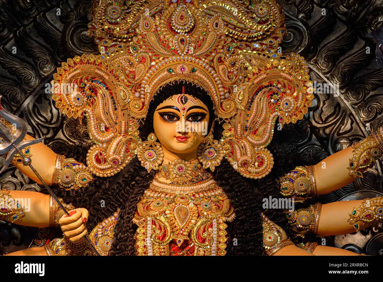 Idol of Goddess Devi Durga at a decorated puja pandal in Kolkata, West ...