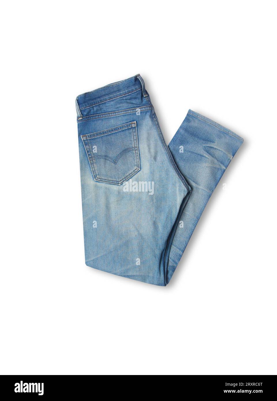 Denim texture in close up view with copy space isolate on white ...