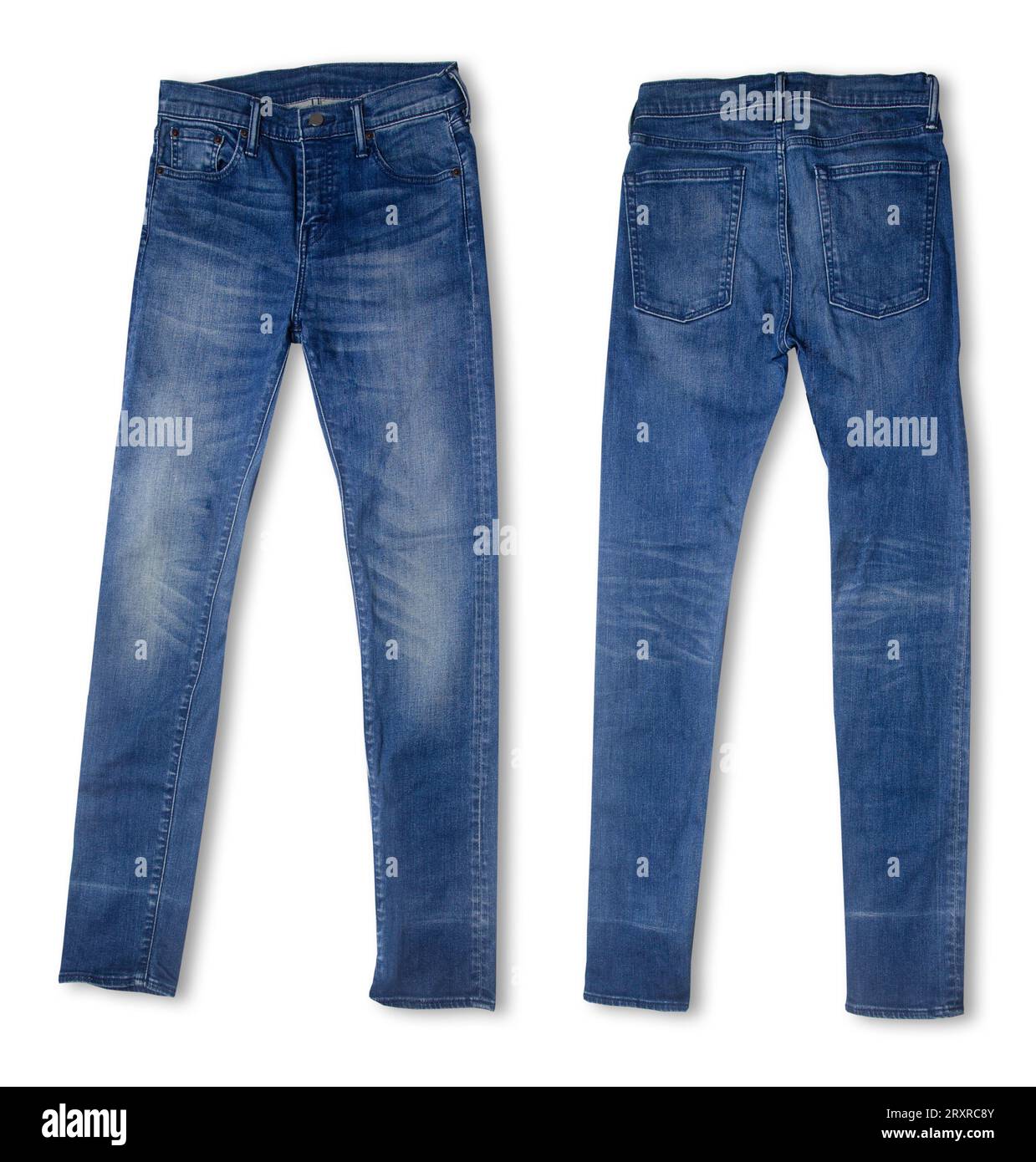 Denim texture in close up view with copy space isolate on white ...