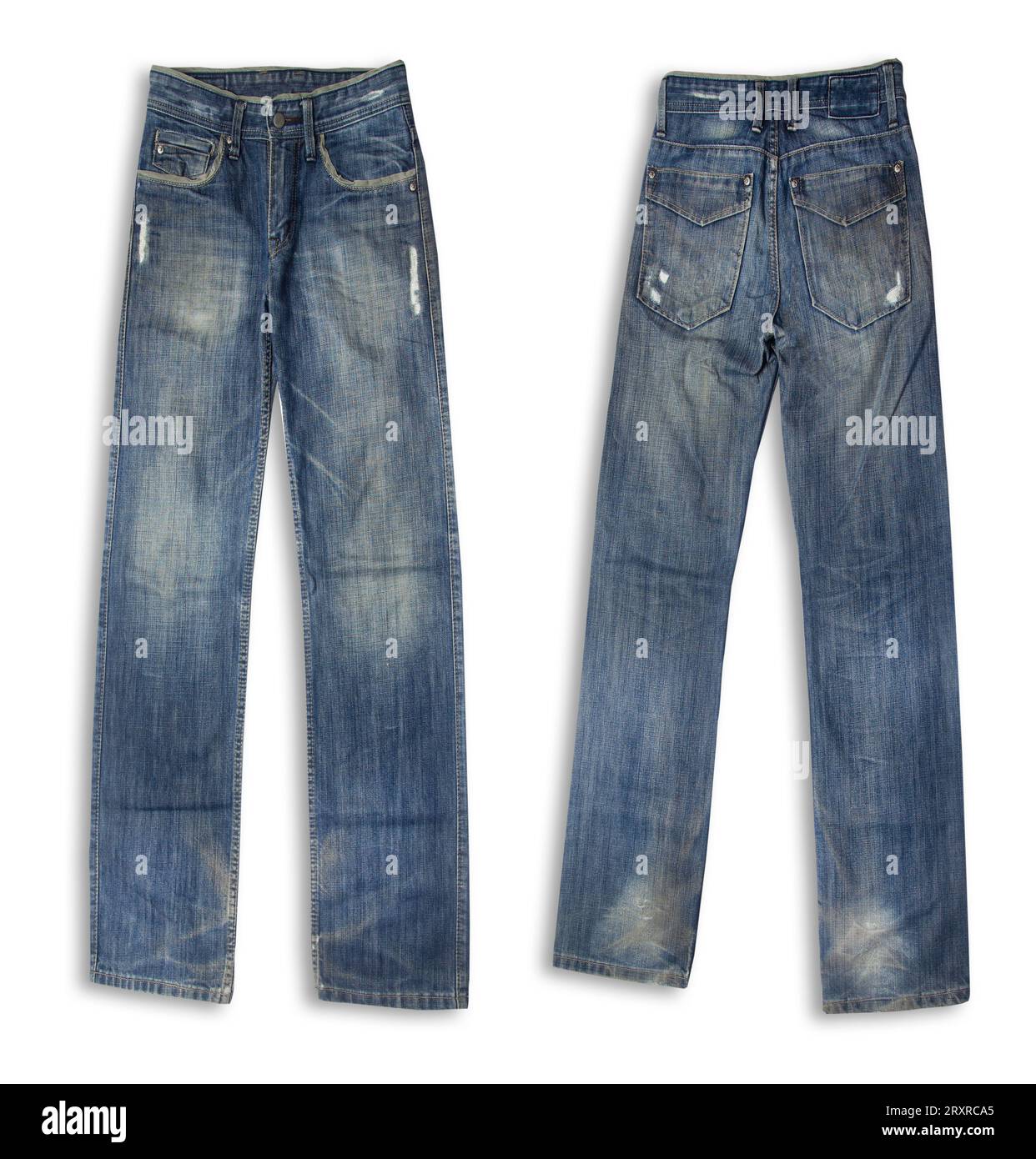 Denim texture in close up view with copy space isolate on white ...