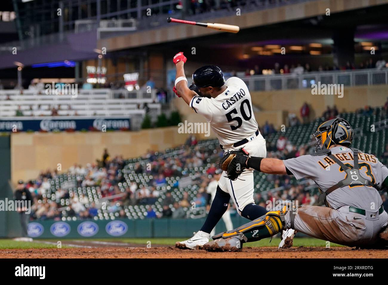 Minnesota Twins' Willi Castro (50) loses his bat while striking out ...
