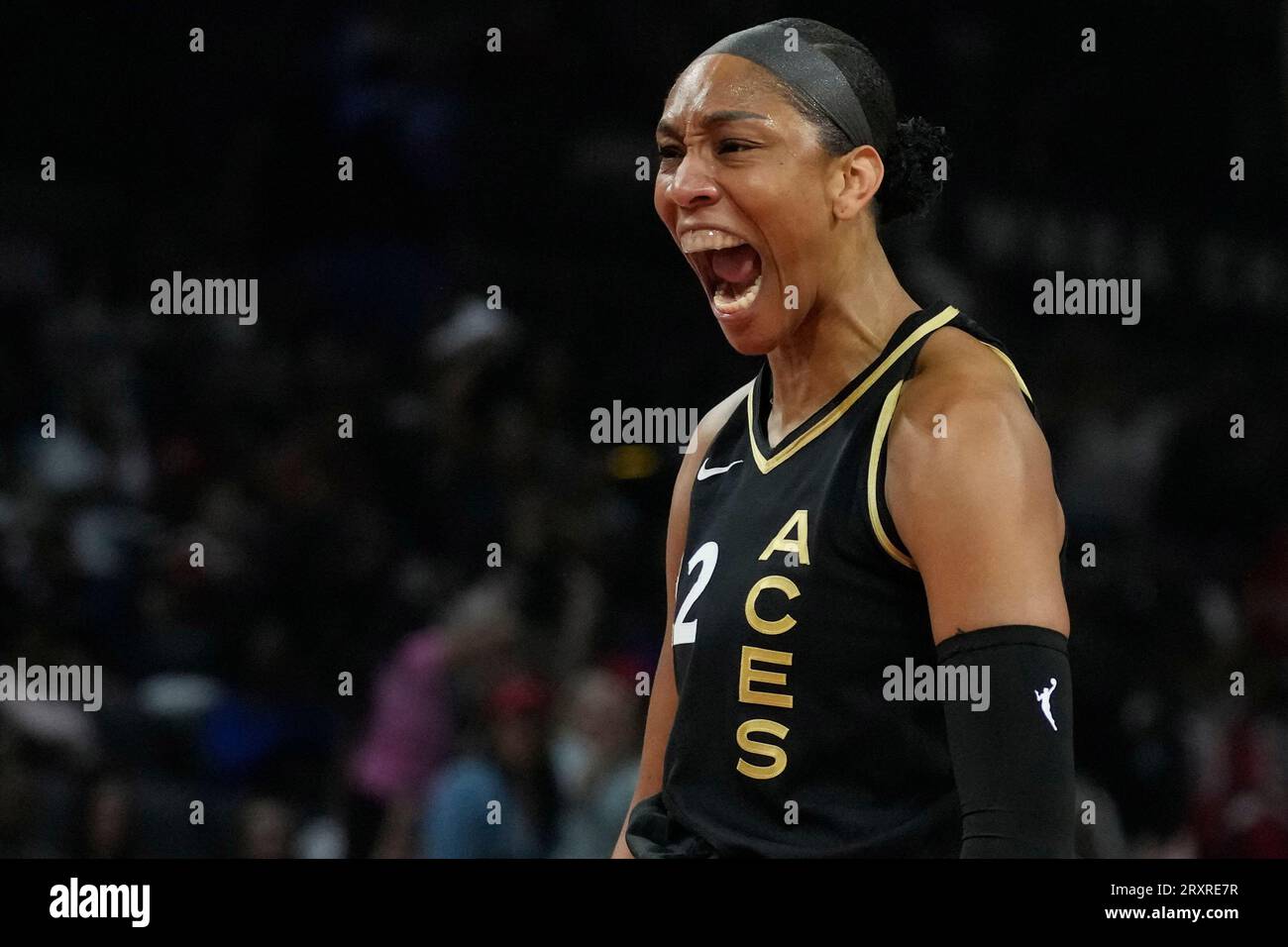 Las Vegas Aces forward A'ja Wilson (22) celebrates after a play against ...