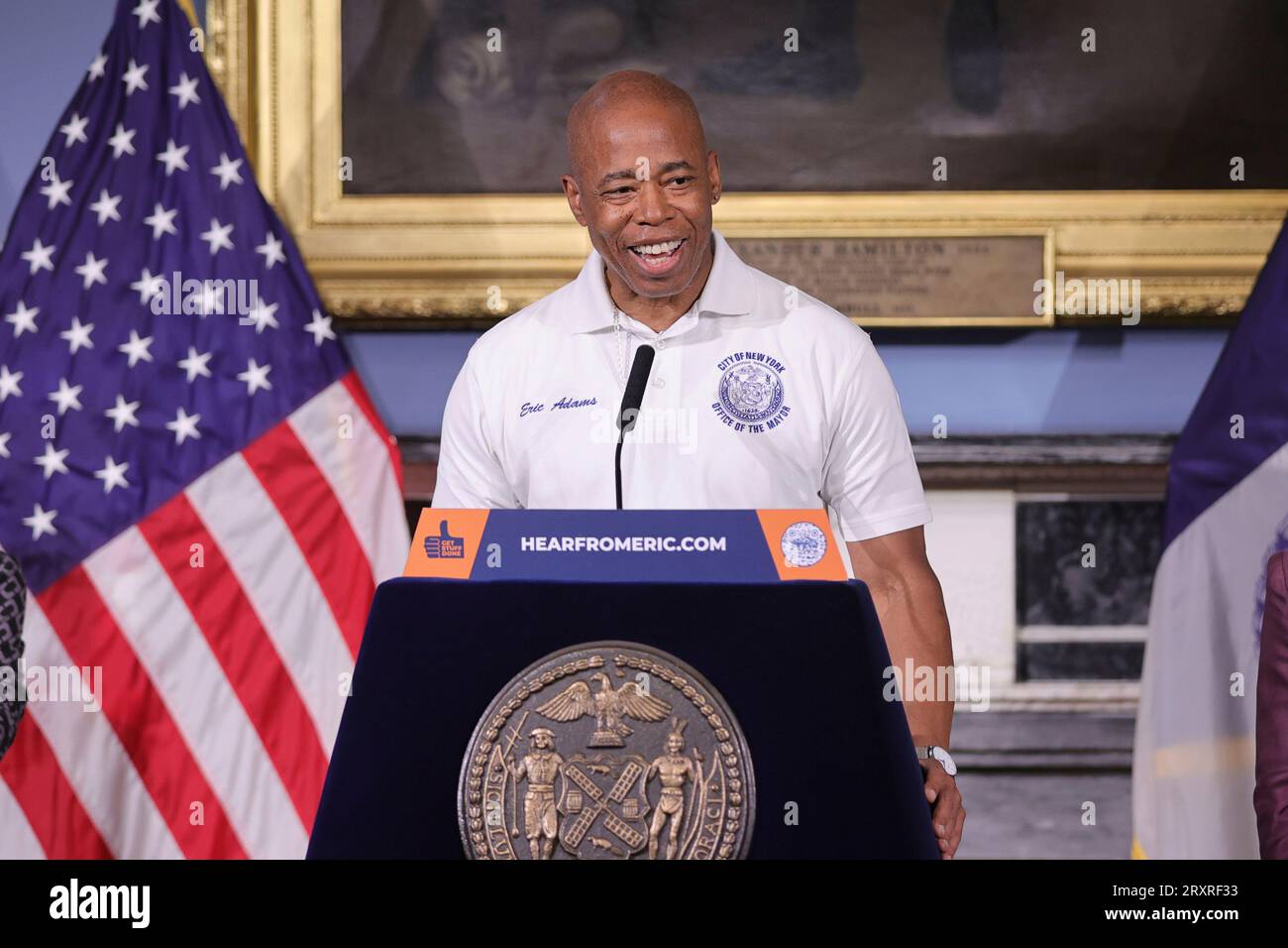 City Hall, New York, USA, September 25, 2023 - Mayor Eric Adams thanks ...