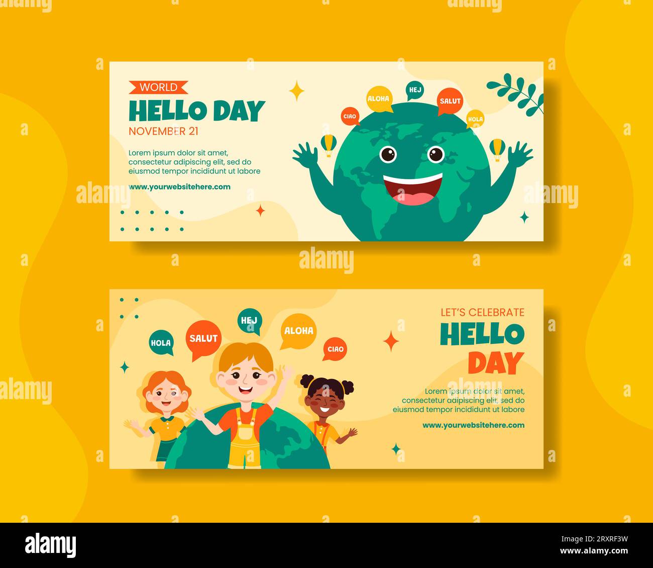 Hello Day Horizontal Banner Flat Cartoon Hand Drawn Templates ...