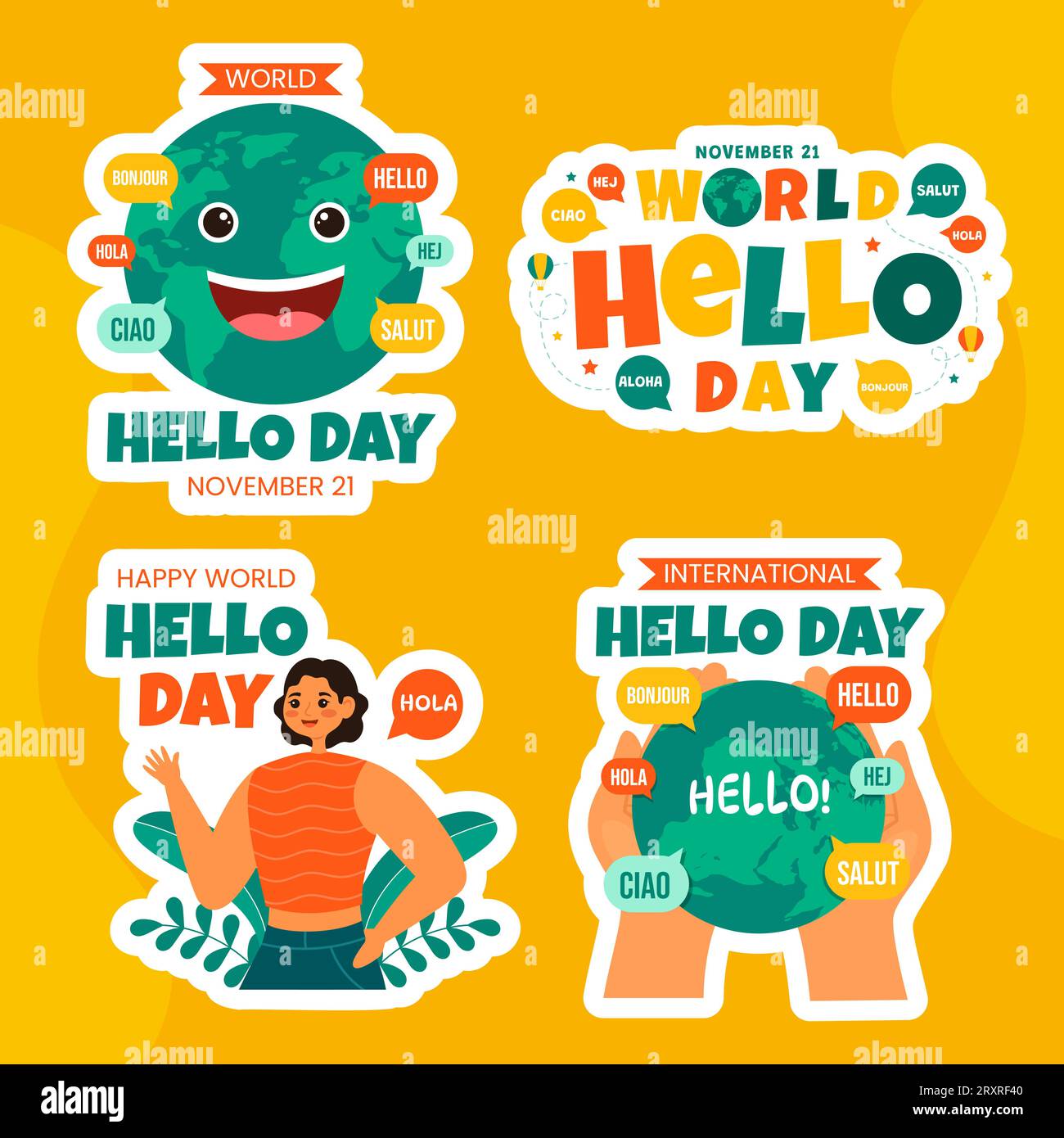 Hello Day Label Flat Cartoon Hand Drawn Templates Background ...
