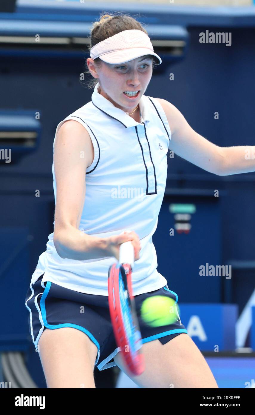 Tokyo, Japan. 27th Sep, 2023. Cristina Bucsa of the Spain returns the ball against Jessica ...