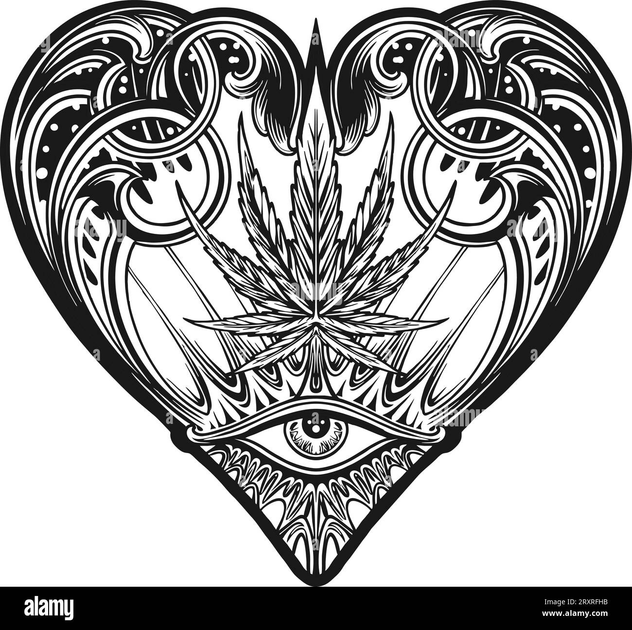 Classic harmony weed leaf ornamental heart outline vector illustrations ...