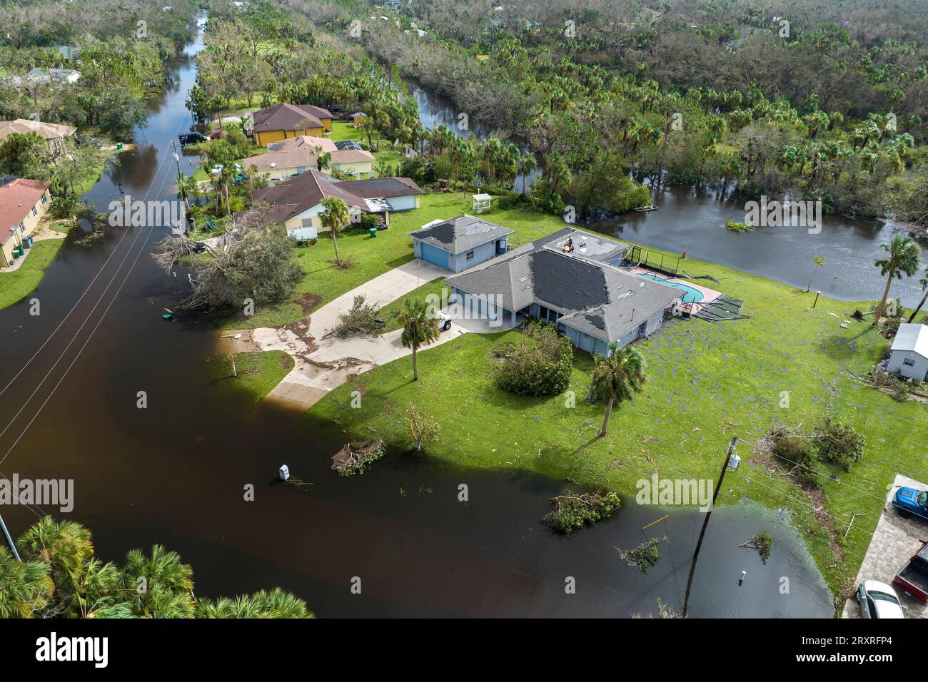 Consequences of natural disaster. Heavy flood with high water ...
