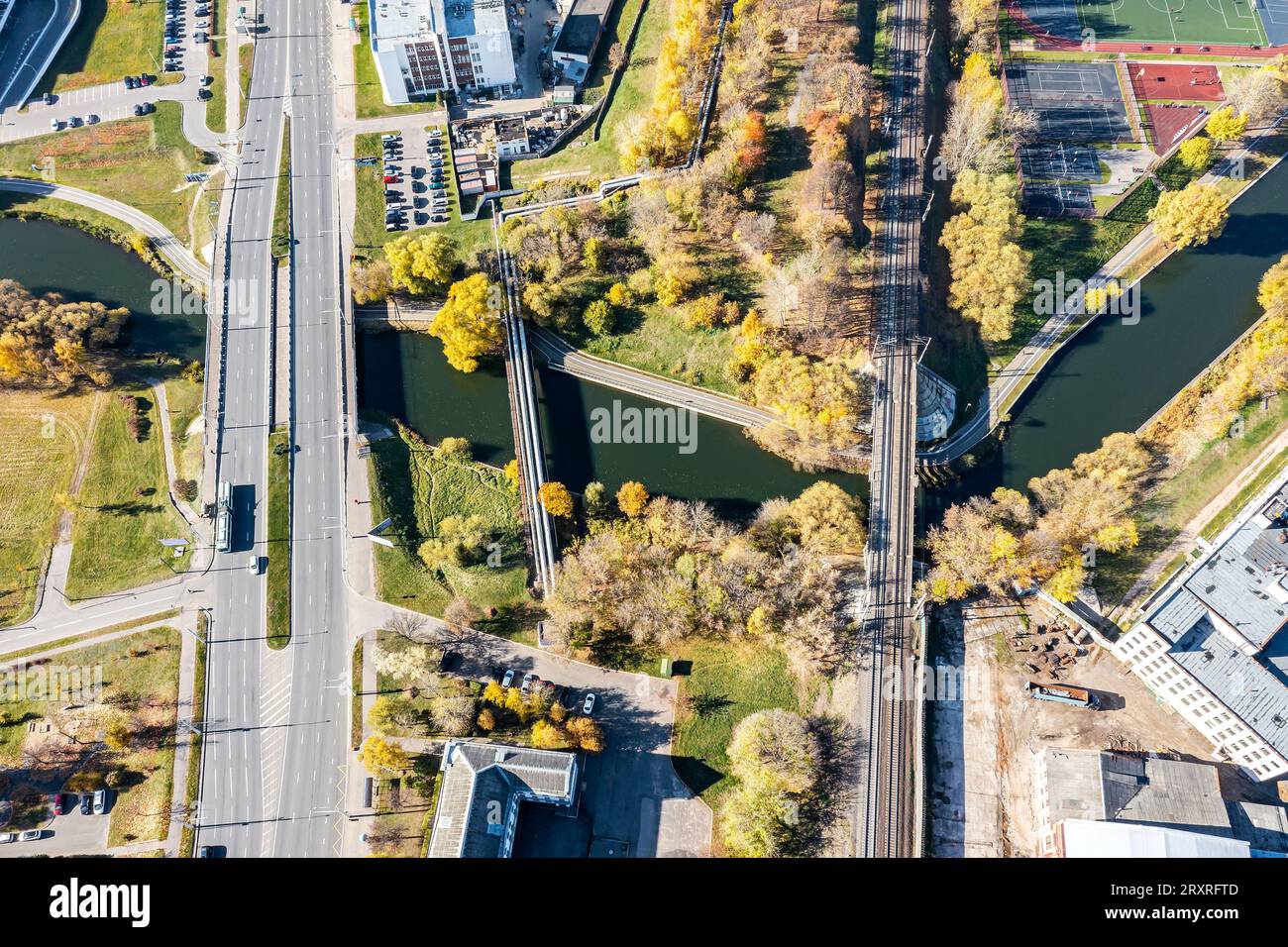 aerial top view of city industrial area infrastructure with road ...