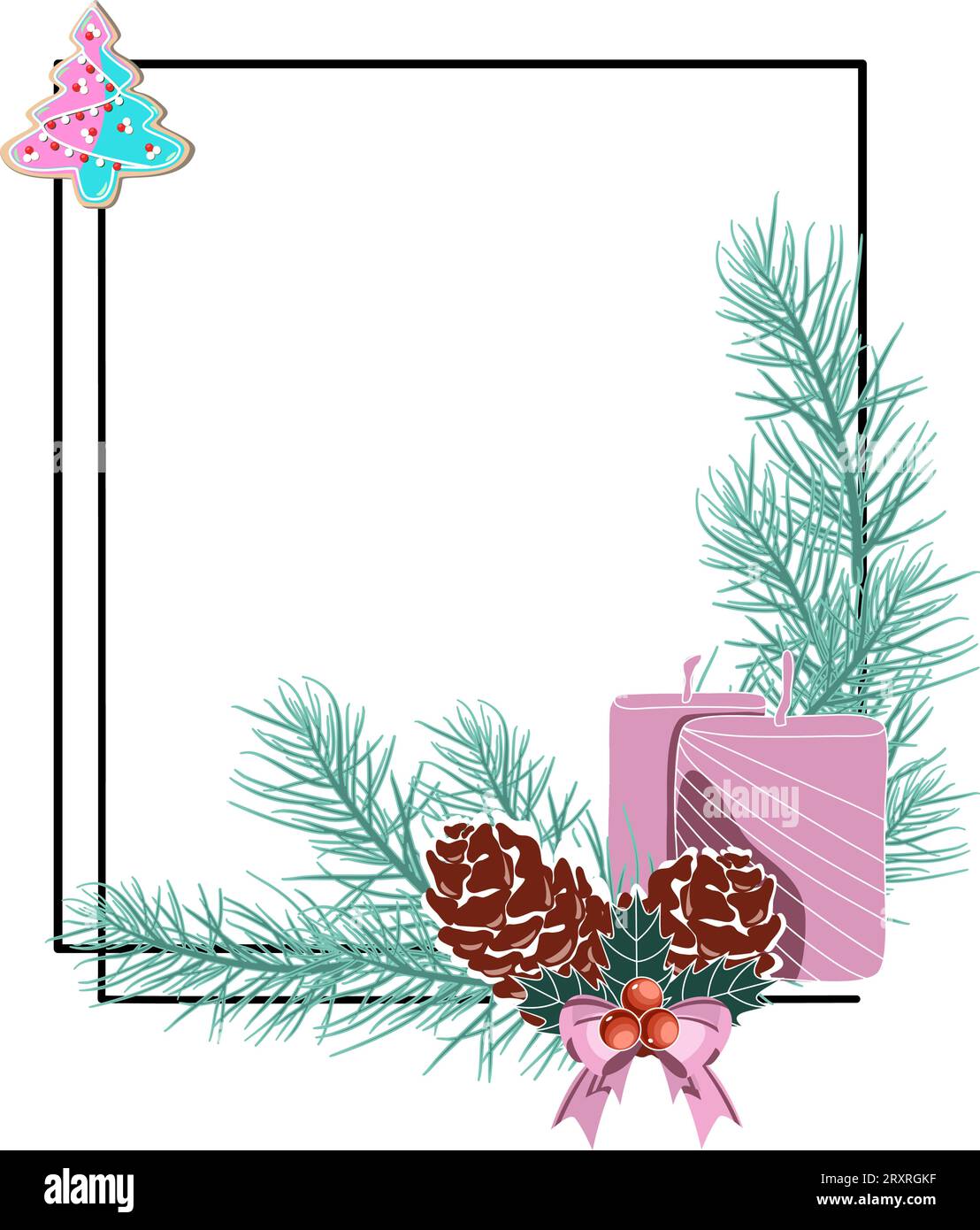 Christmas frame with fir branches, candles, and pine cones. Vector ...