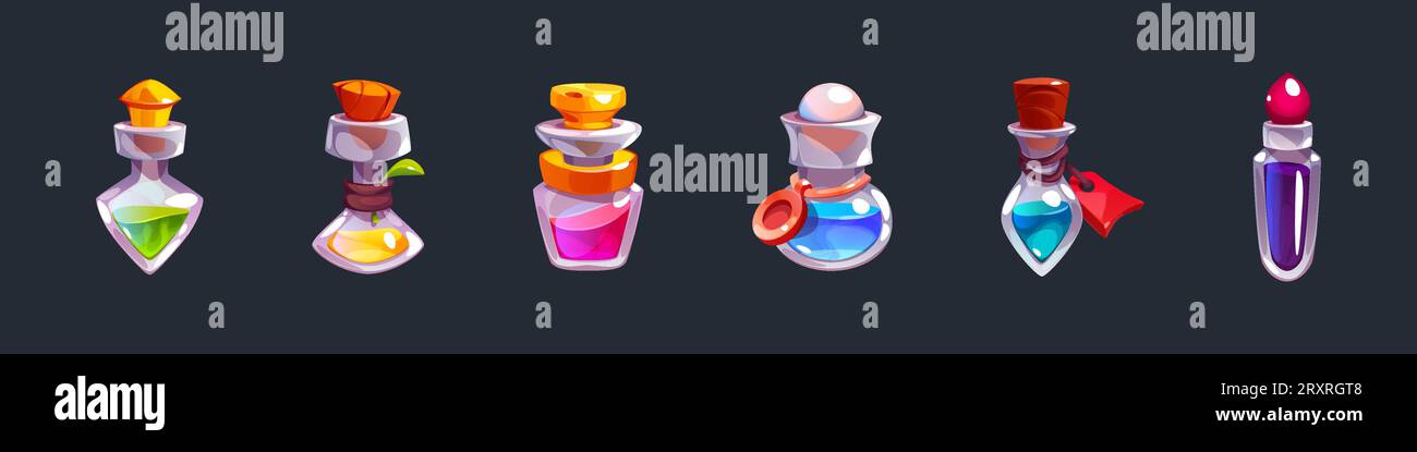 Glass bottles with magic elixir or potion. Cartoon vector illustration set of game icon vials ...