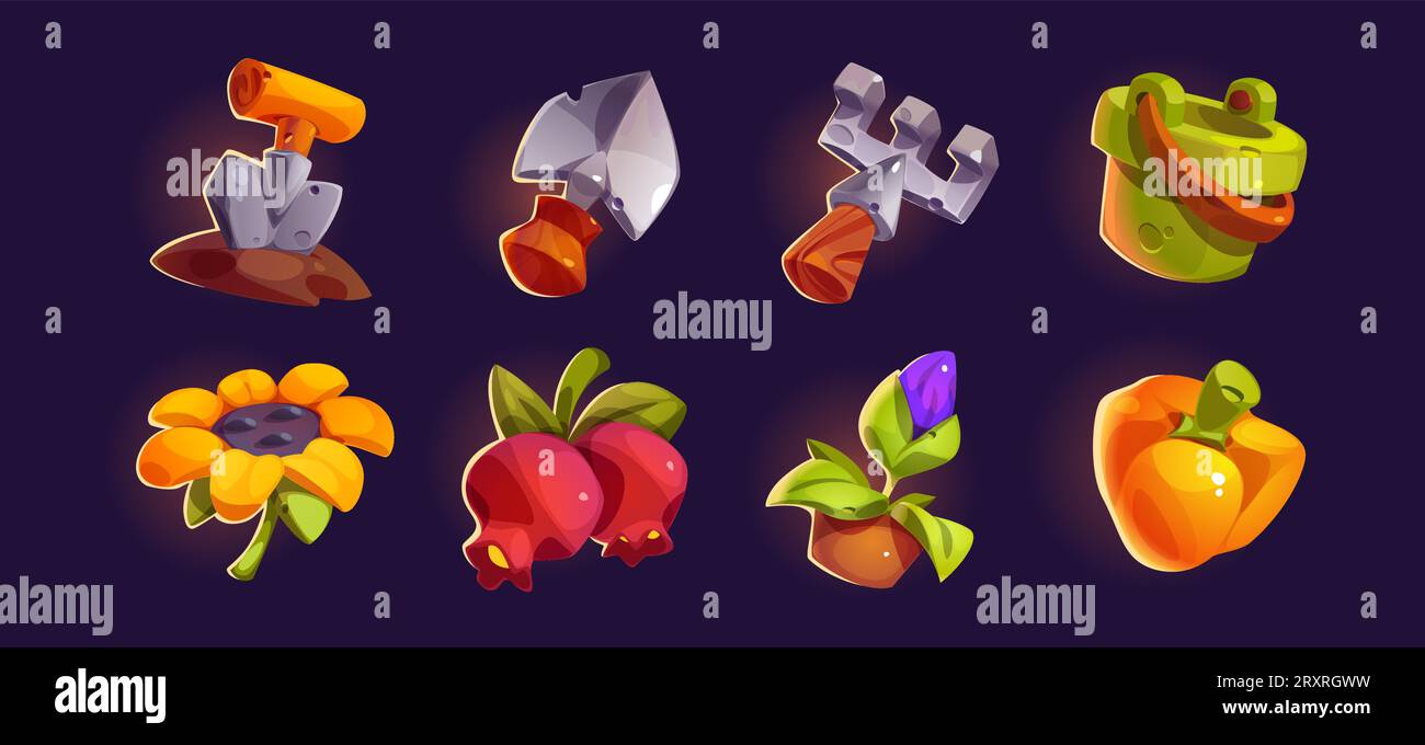 Farm game icons set of gardening tools, flowers and ripe vegetables ...