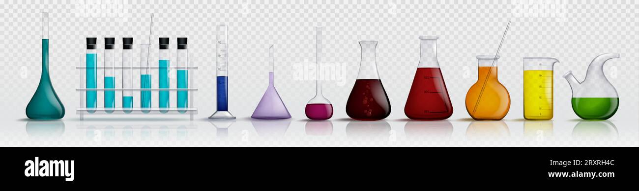 Glass laboratory chemical measuring flasks and test tubes with colorful ...