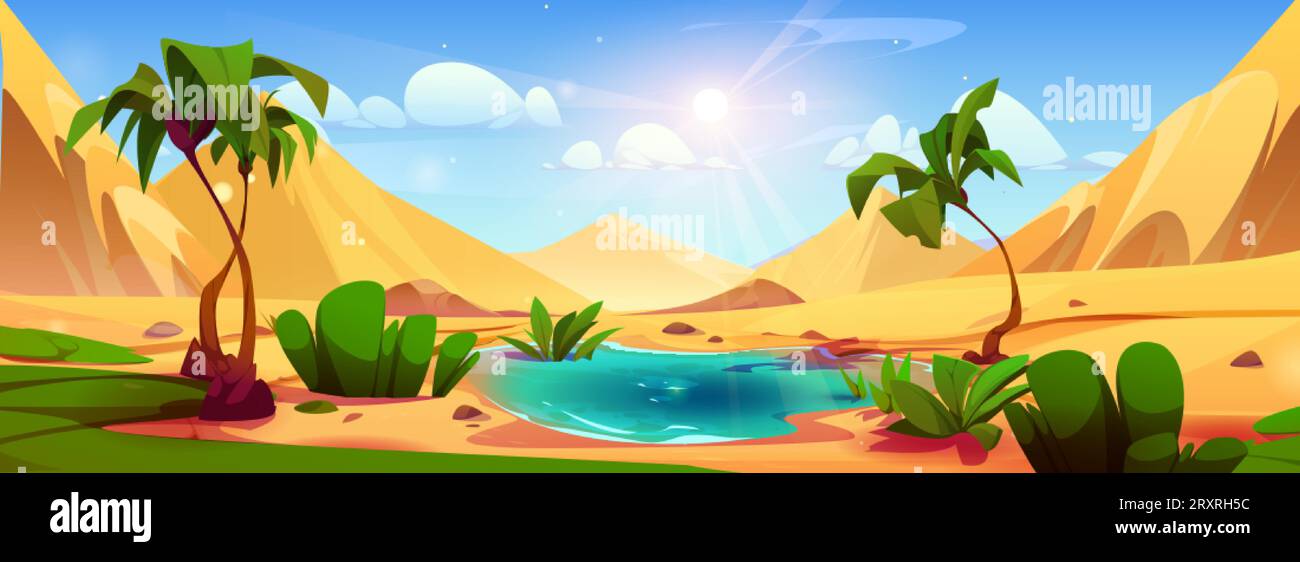 Desert oasis with palm tree cartoon landscape background. Egypt sahara ...