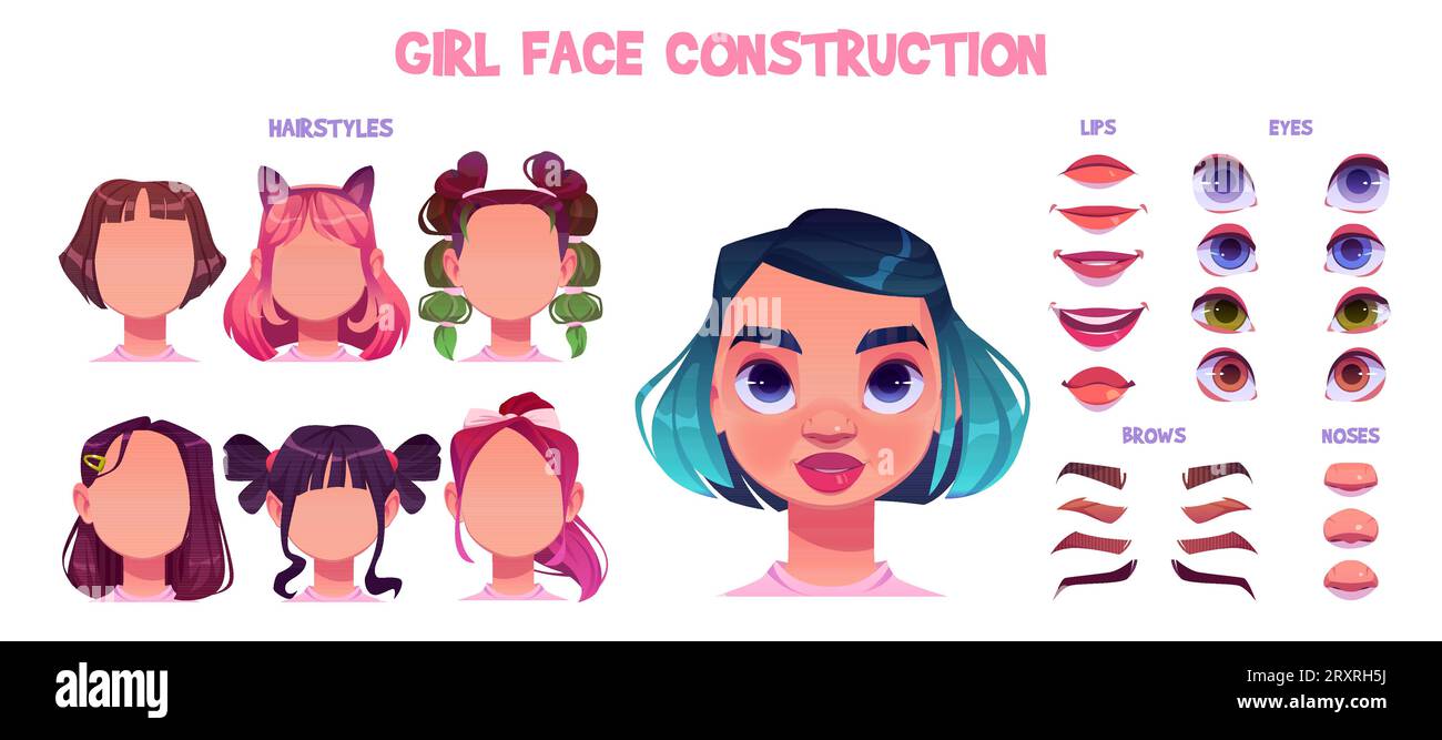 Girl face construction kit. Cartoon facial parts for creation female ...