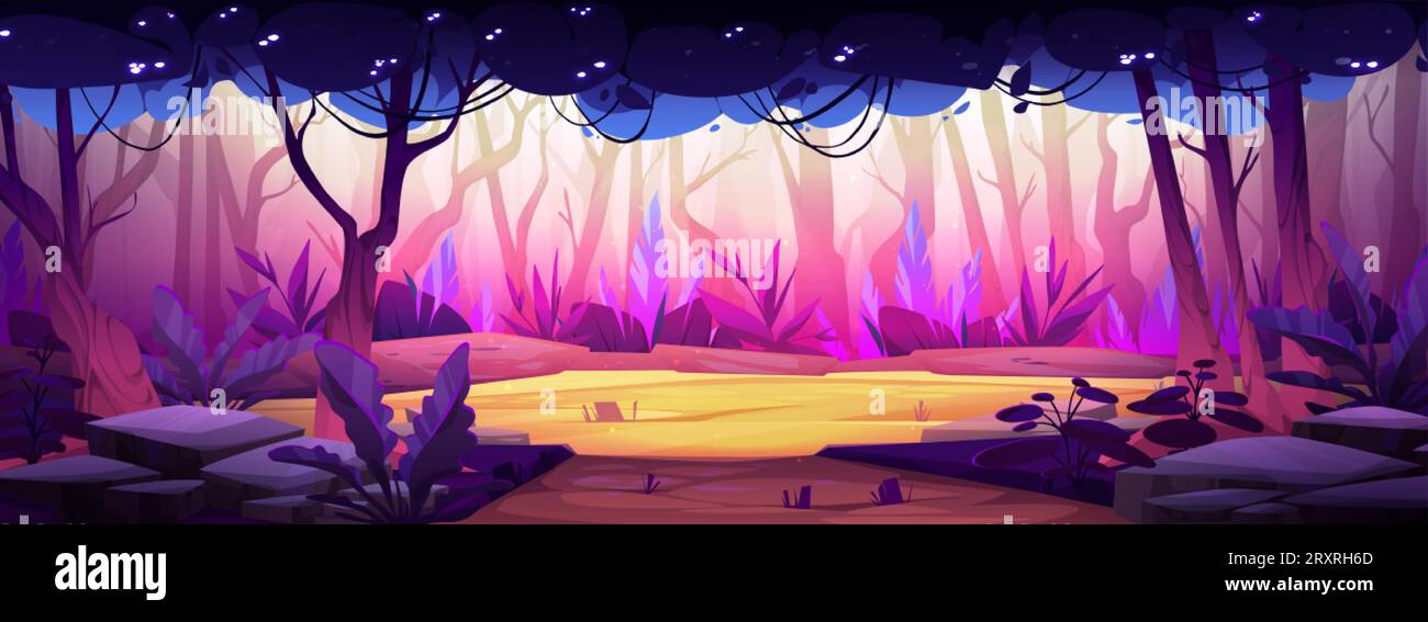 Fantasy forest background landscape with field. Magic garden with tree ...