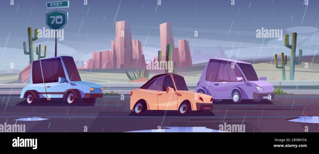 Cars driving in rain on highway in desert among rocky mountains and ...