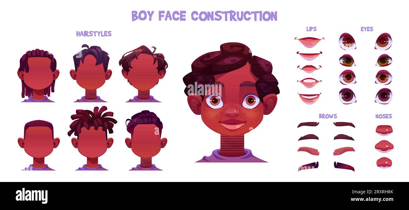 Black kid boy character face avatar construction vector cartoon set for ...