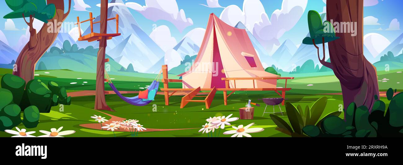 Camp tent in summer forest vector illustration. Camping scene near tree ...