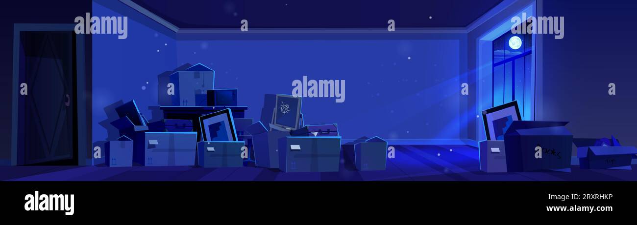 Dark night unfurnished room with stuff for new home in cardboard boxes ...