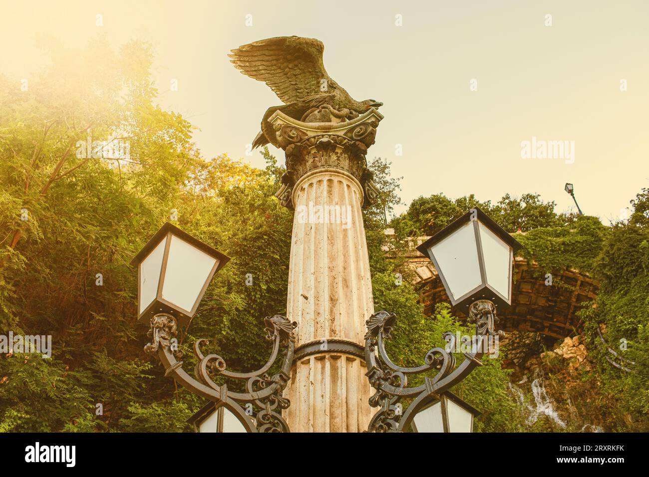 Turul statue at the Gellert hill waterfall,Budapest, Hungary Stock ...