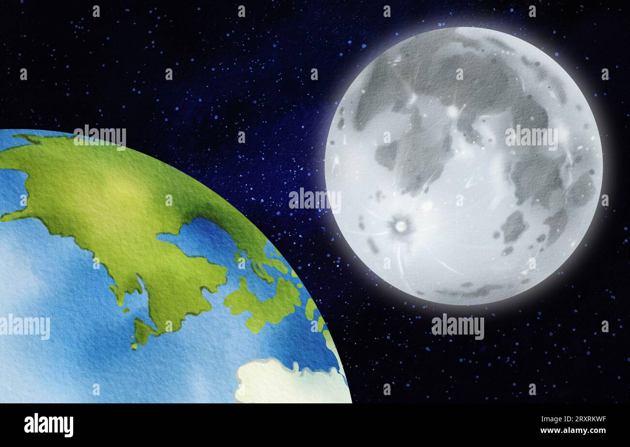 Close Planet Earth with Moon in nighttime starry sky. representation ...
