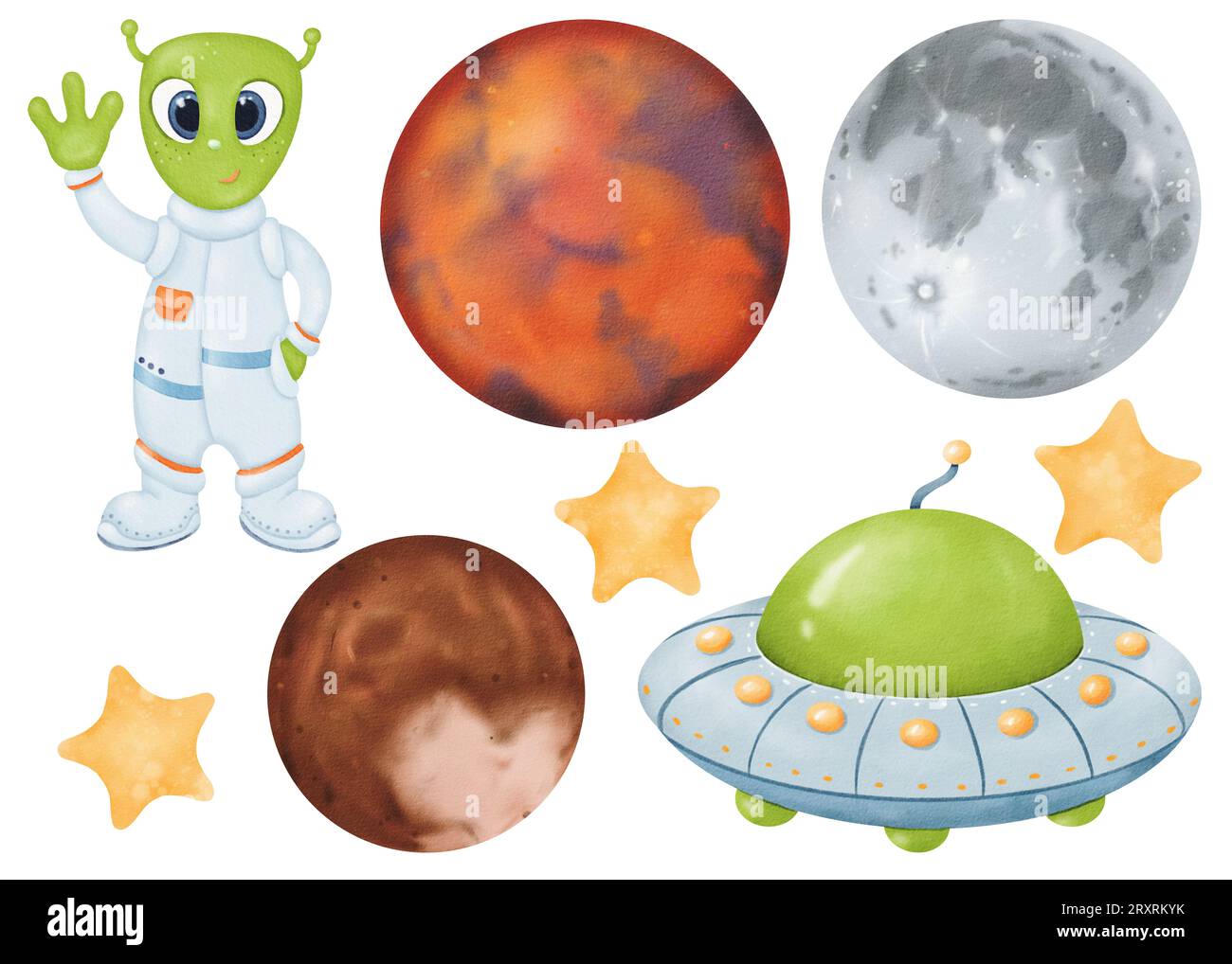 Space set. green cute alien waves its hand. Alien spacecraft. Cartoon ... Space set. green cute alien waves its hand. Alien spacecraft. Cartoon ...