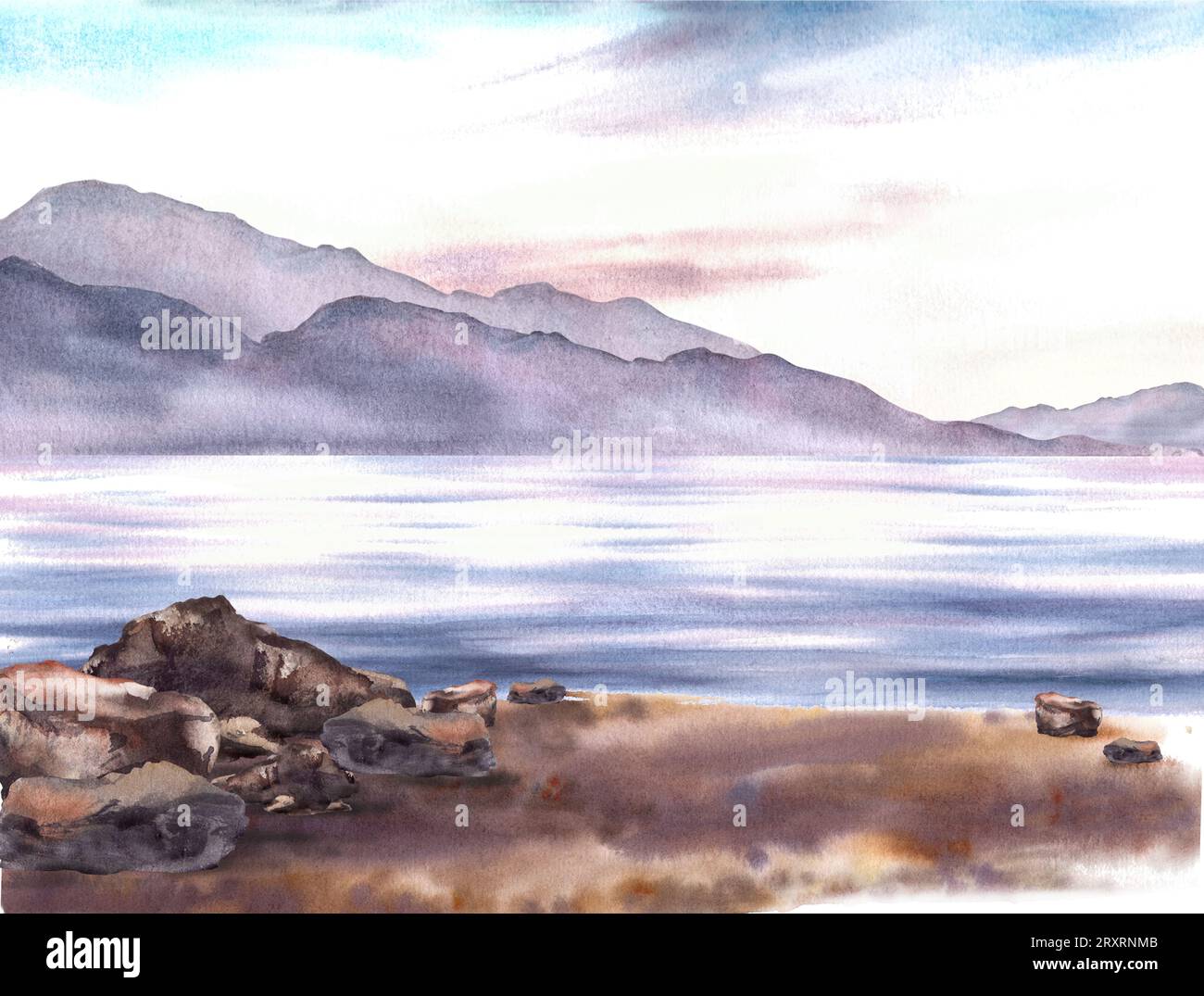 Nautical watercolor landscape. Adriatic seascape with sunset, mountain ...