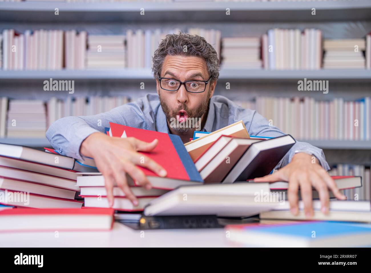 bookworm nerd in school library. university professor learning and ...