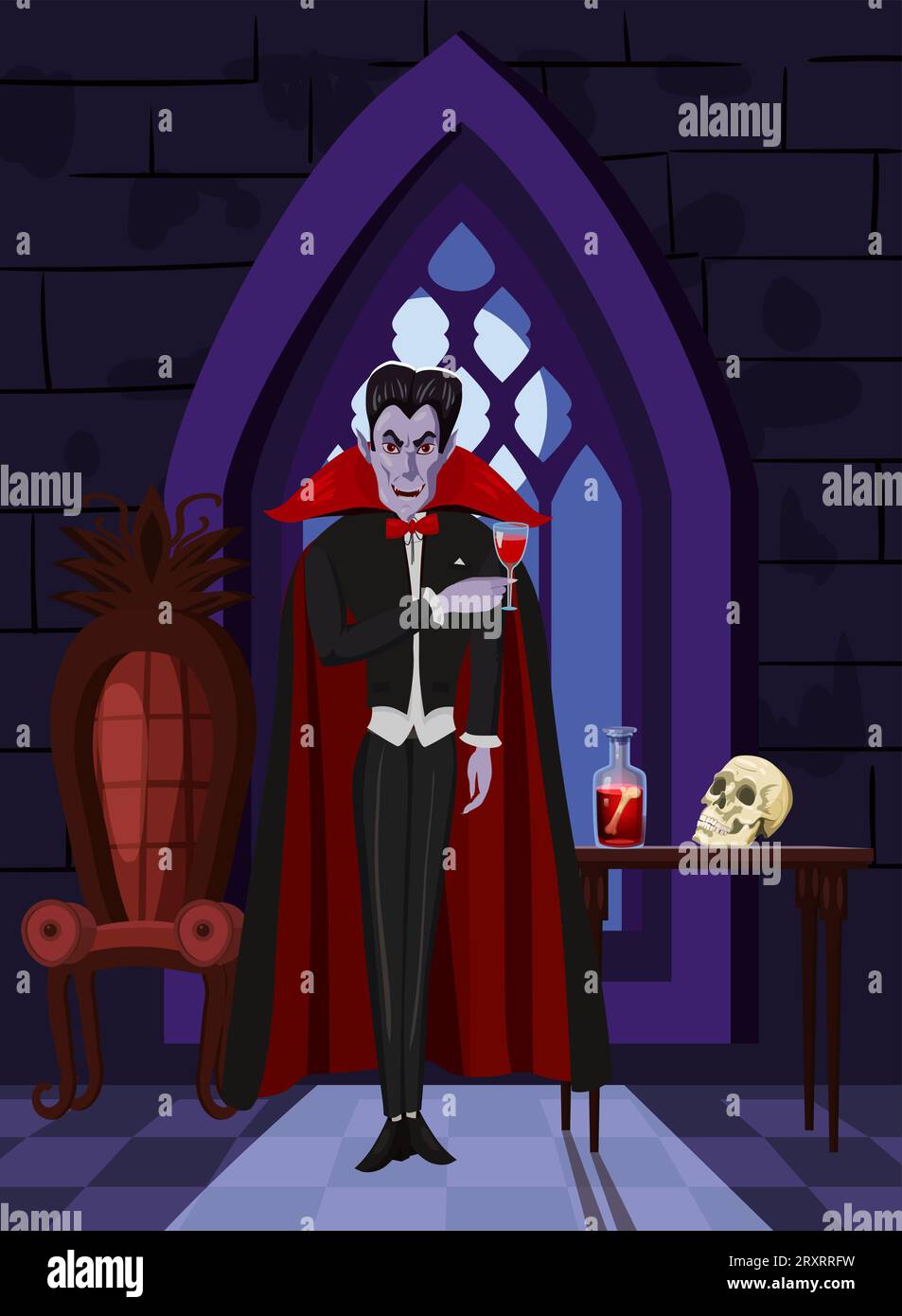 Dracula vampire character welcomes guests in black red cape with ...