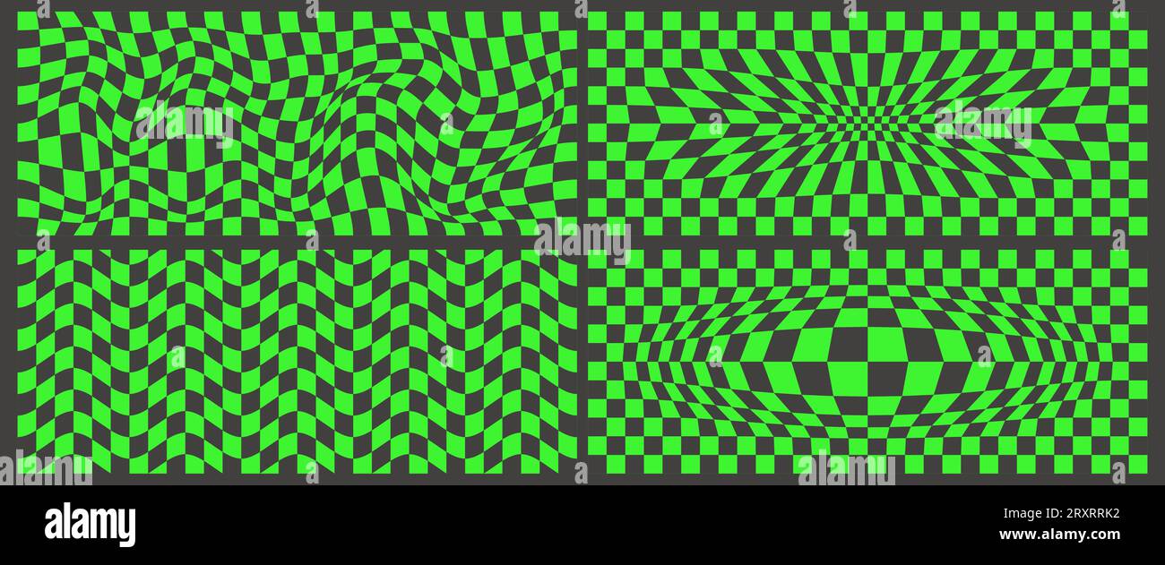 Checkerboard pattern. Black and green psychedelic wavy backgrounds set. Abstract grid warp ...