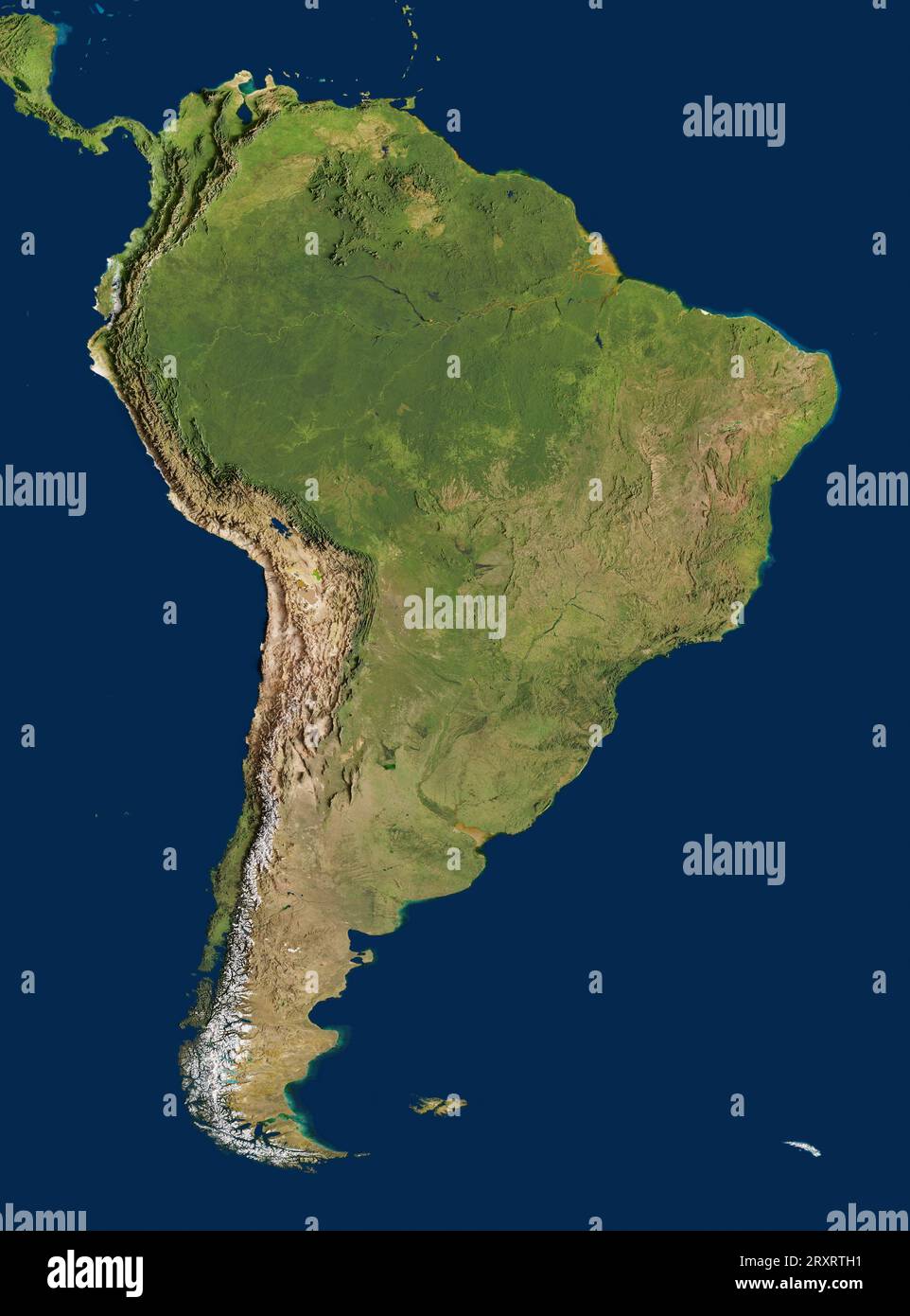 3D illustration of a highly detailed map of South America. Satellite ...