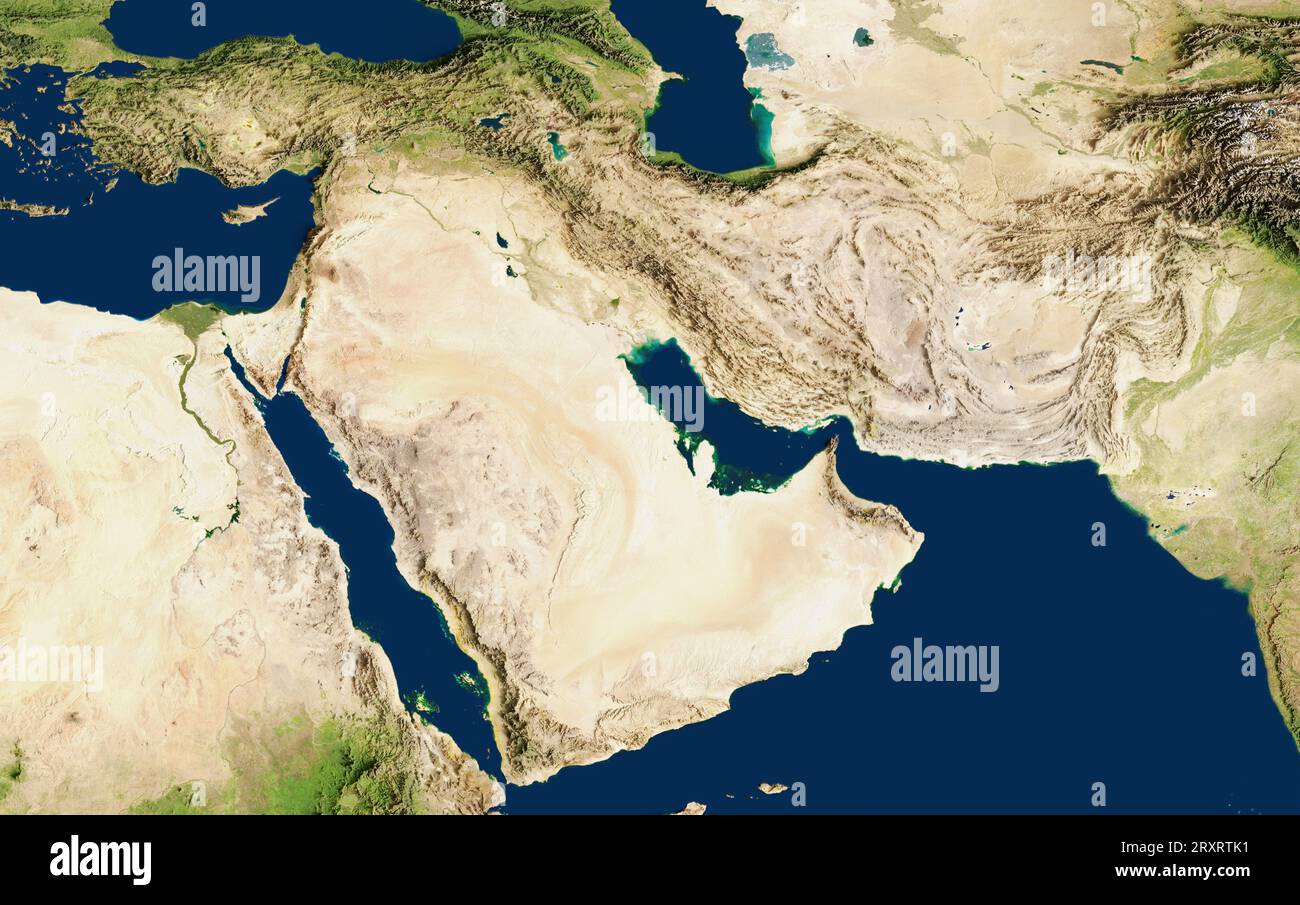 3D illustration of a highly detailed map of the Middle East. Satellite view. Improved lighting ...