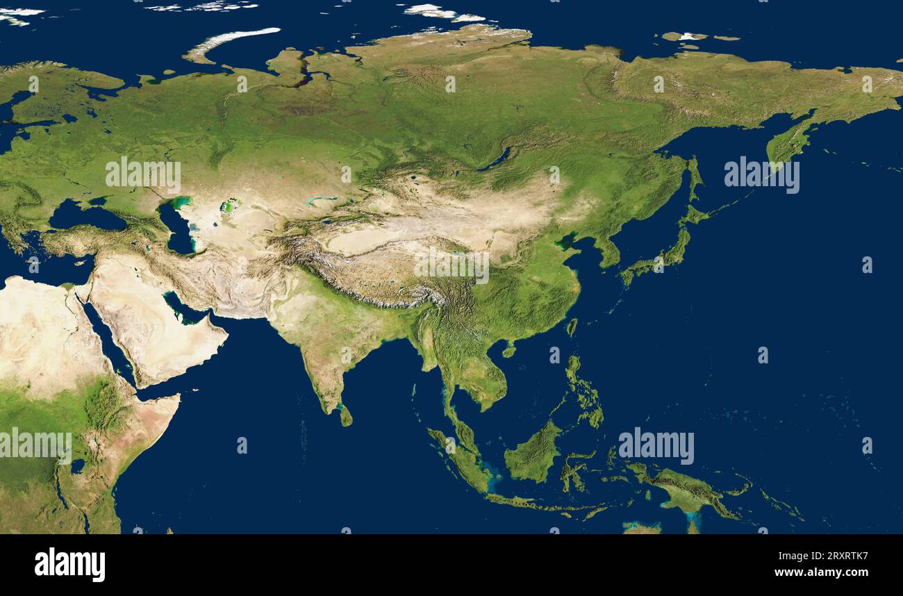 3D illustration of a highly detailed map of Asia. Satellite view ...