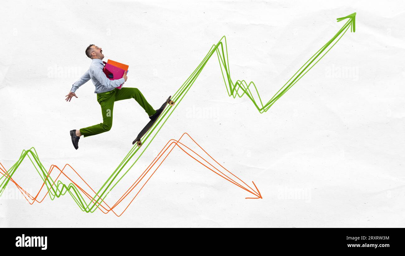 Contemporary art collage. One businessman with folders running along ...